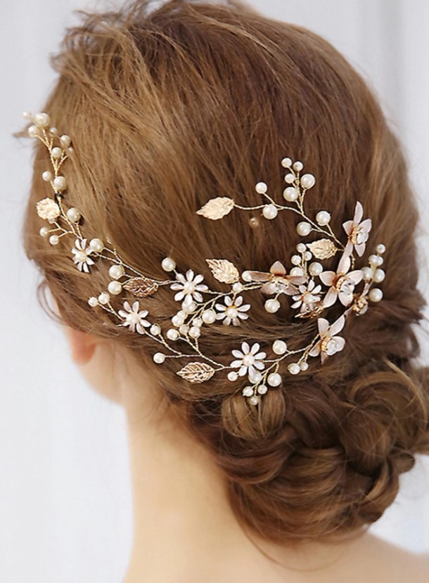Evenimente :: Accesoriu de Par Mireasa cu Flori si Strasuri - Aurie - 24 cm